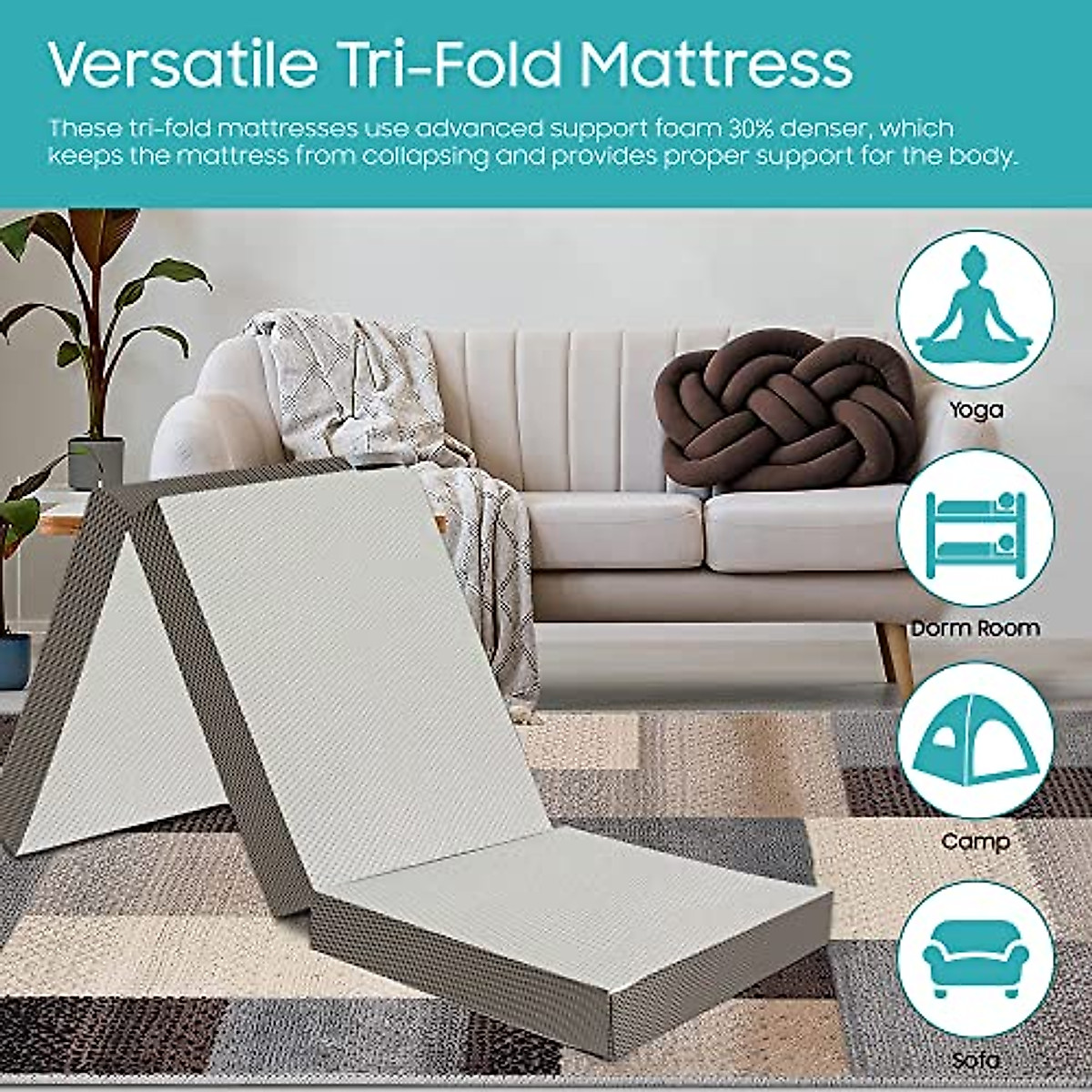 Greaton 4-Inch Tri-Folding Portable Gel Memory Foam Floor Mattress | Ultra Soft Breathable Mesh Sides, Cot Pad, Comfortable Multi-Functional Mattresses, Removable and Washable Cover, 25-Inch, White