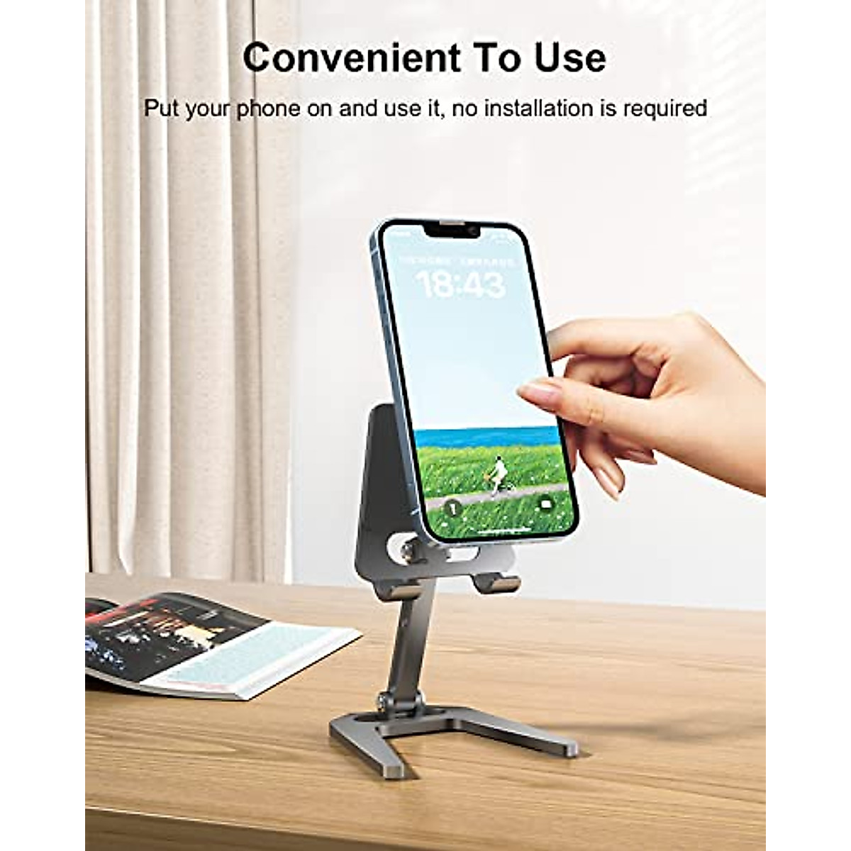 MOYONTE Foldable Cell Phone Stand, Mobile Phone Holder for Desk, Adjustable Desktop Phone Holder, Compatible with iPhone 14 13 Pro Max Mini 12 11 and More 4-10'' Smart Phones/Tablets (Silver)