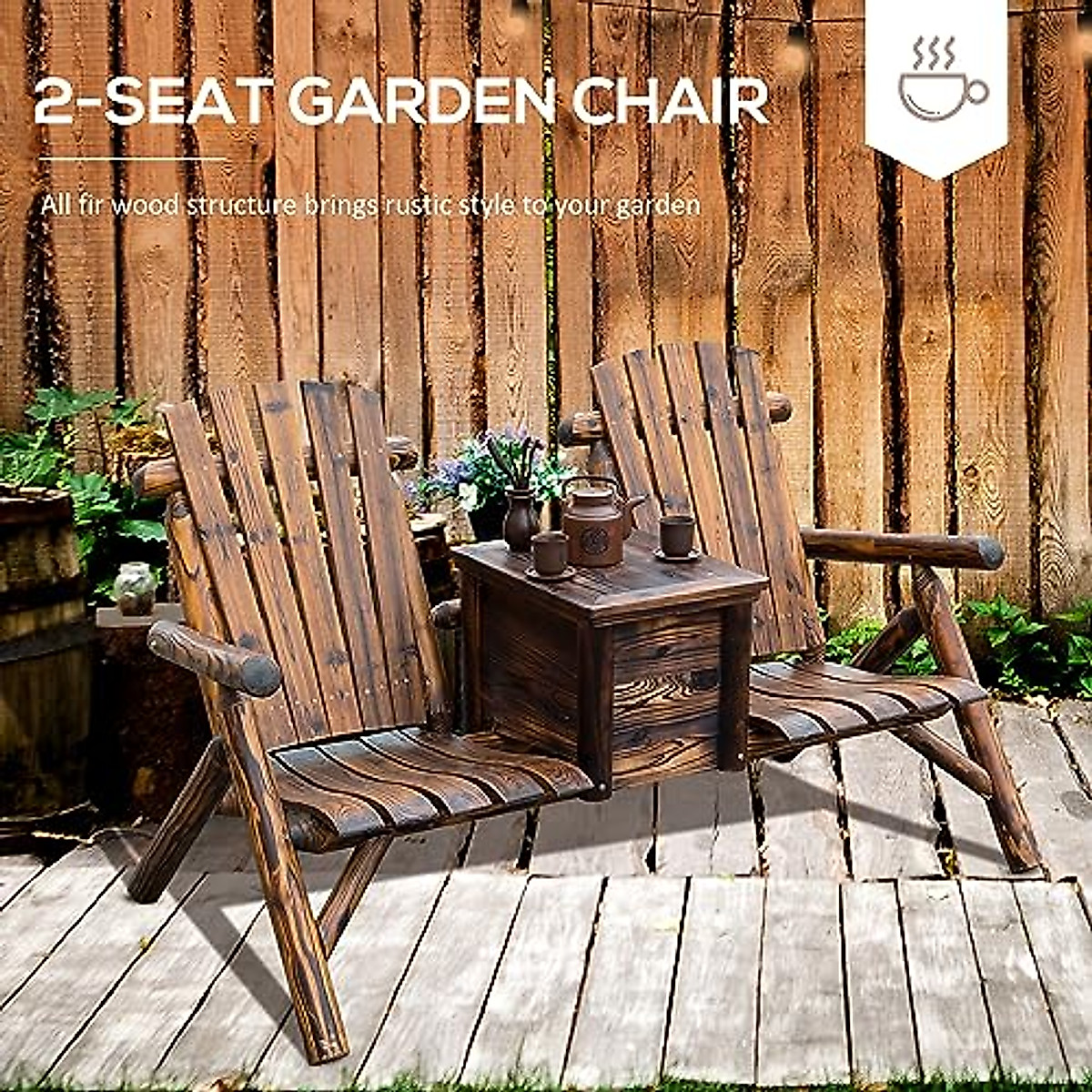 Outsunny Double Wooden Adirondack Chair with Ice Bucket, Outdoor Loveseat with High Backrest, Smooth Armrest, Rustic Brown