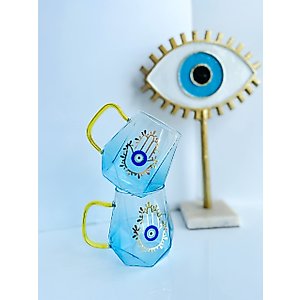 Evil Eye Design Hamsa Hand Latte Mug Espresso Mug Blue Gold Mug Glass Mug