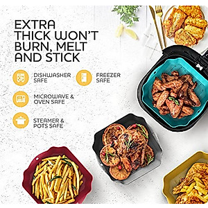 Silicone Air Fryer Liners Set OF 2, Air Fryer Silicone Liners for 3-5QT Air Fryer Tray Baking Oven, 7.5” Reusable Square Air Fryer Liners with Handles & Holes, Air Fryer Inserts, Air Fryer Accessories