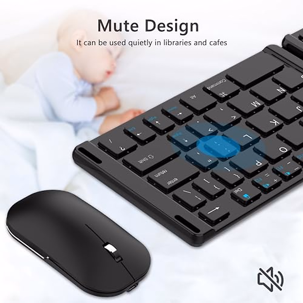 Acoucou Foldable Keyboard and Mouse Combo, Wireless Keyboard and Mouse Set, Portable Travel Keyboard for Tablet Smartphone Laptop, Compatible with Mac/iOS Windows Android System-3 Bluetooth Channels
