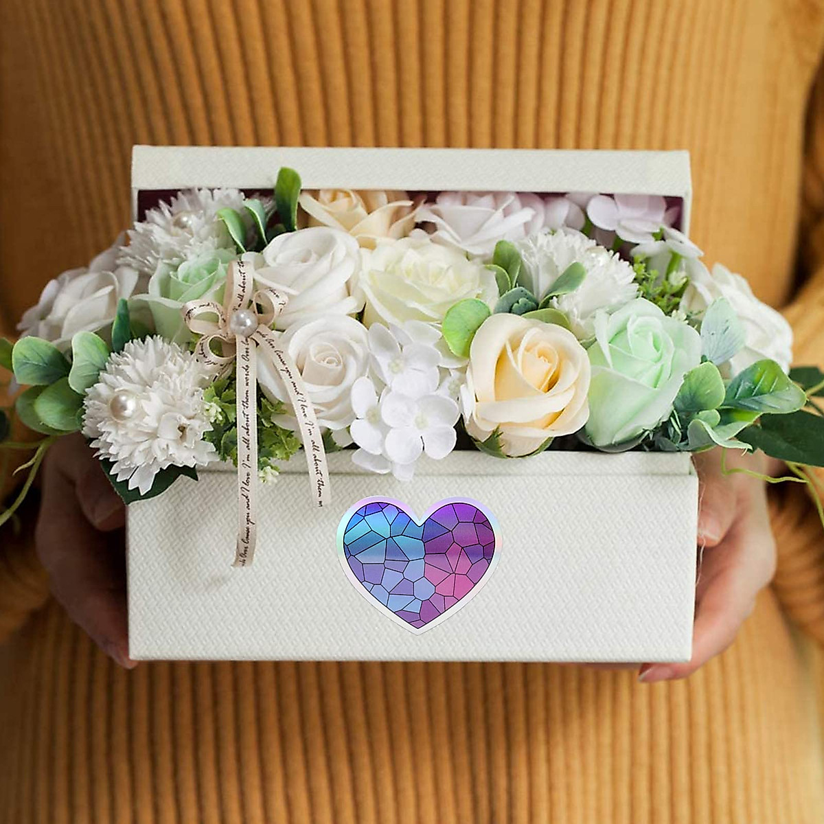 Mercei Heart Stickers with Stained Glass Background and Silver Holographic Frame, 1.5 inch Small Heart Shaped Adhensive Sticker Labels in a Roll, Decorative or Seal in Business and Personal Package