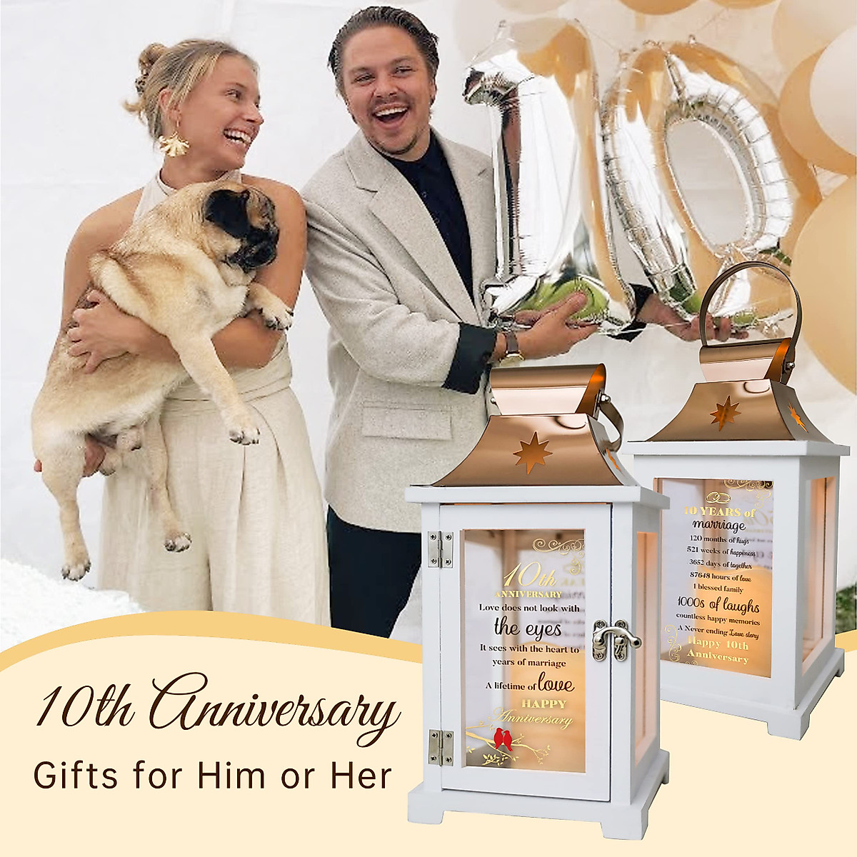 10th Wedding Anniversary Lantern, Best 10th Anniversary Wedding Gifts for Couple Parents Wife Husband Tin 10 Years of Marriage Anniversary Wedding Gifts for Him Her