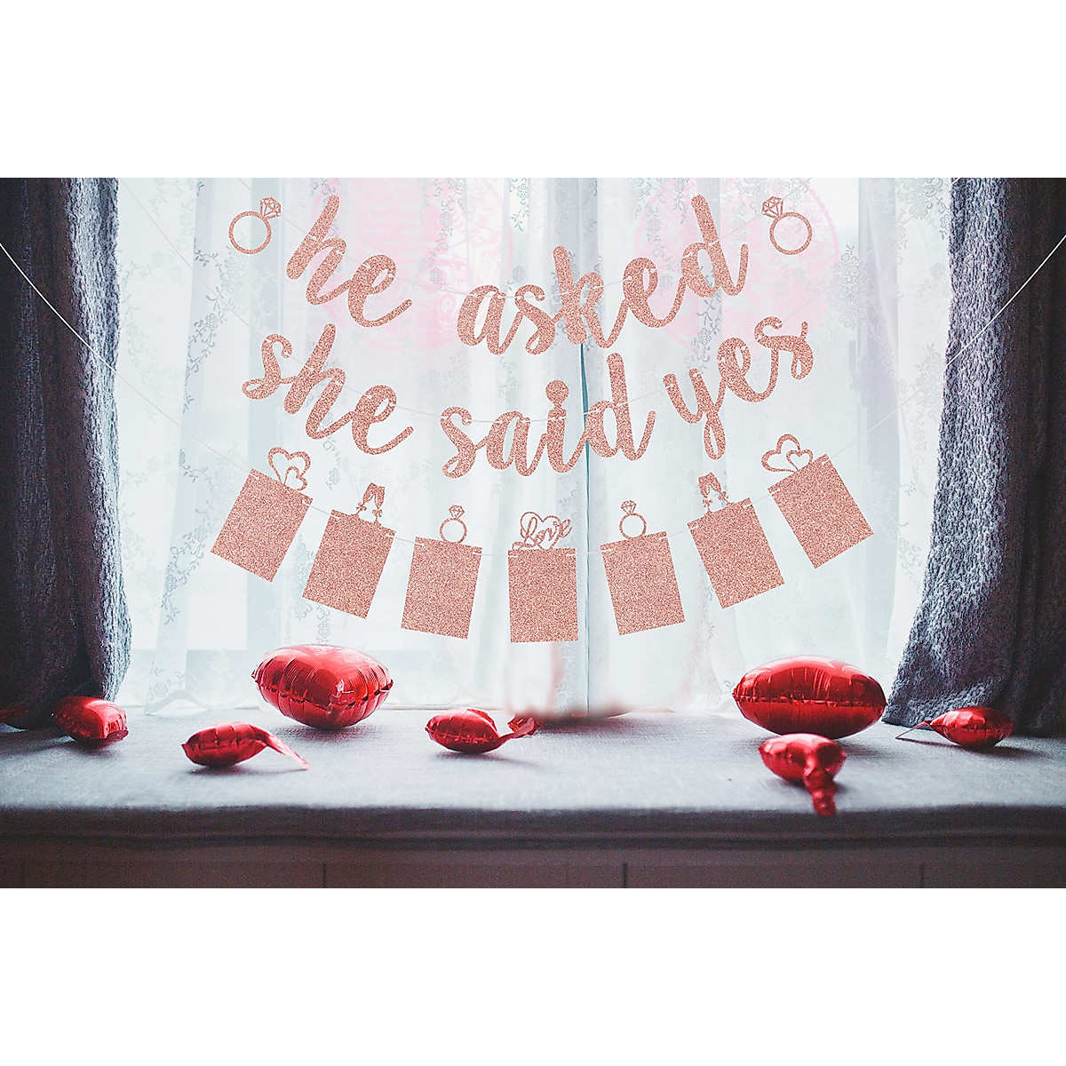 He Asked She Said Yes Banner, Engagement Banner and Photo Banner with Precious Memories, She Said Yes Decorations, Engagement Decorations, Engaged/wedding Party Decorations Rose Gold Glitter