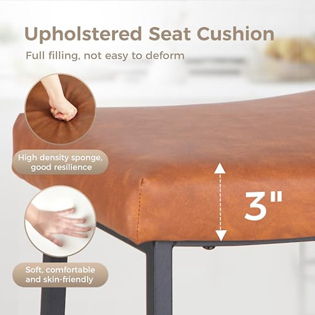 MAISON ARTS Brown Bar Stools Set of 2 Counter Height 24 Inches Saddle Stools for Kitchen Counter Backless Modern Barstools Upholstered Faux Leather Stools Farmhouse Island Chairs, Brown, 2pcs