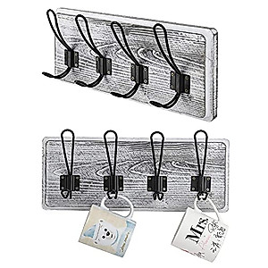 Key Holder for Wall Set of 2, Wall Mounted Coat Racks Wood Rustic Hat Holder with 4 Hooks, Towel Hook Hanger for Entryway Living Room Bedroom Kitchen Bathroom (Gray White)