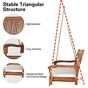 Tangkula 2 Person Hanging Porch Swing, Outdoor Bench Swing with Chains, High Back, Cozy Armrests, Heavy Duty 800Lbs Wooden Hanging Swing Chair with Cushion for Backyard, Deck, Garden