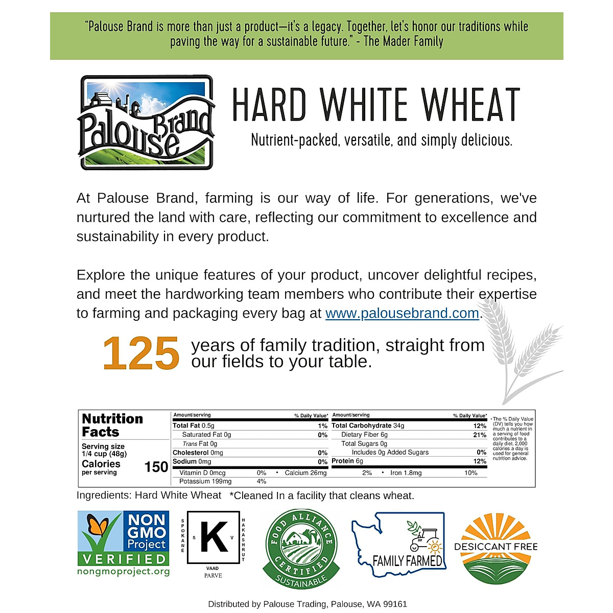 Hard White Wheat Berries | 3-4 LB Kraft Bags (12 LBS total) | Desiccant Free | Sproutable | Non-GMO Project Verified | Kosher