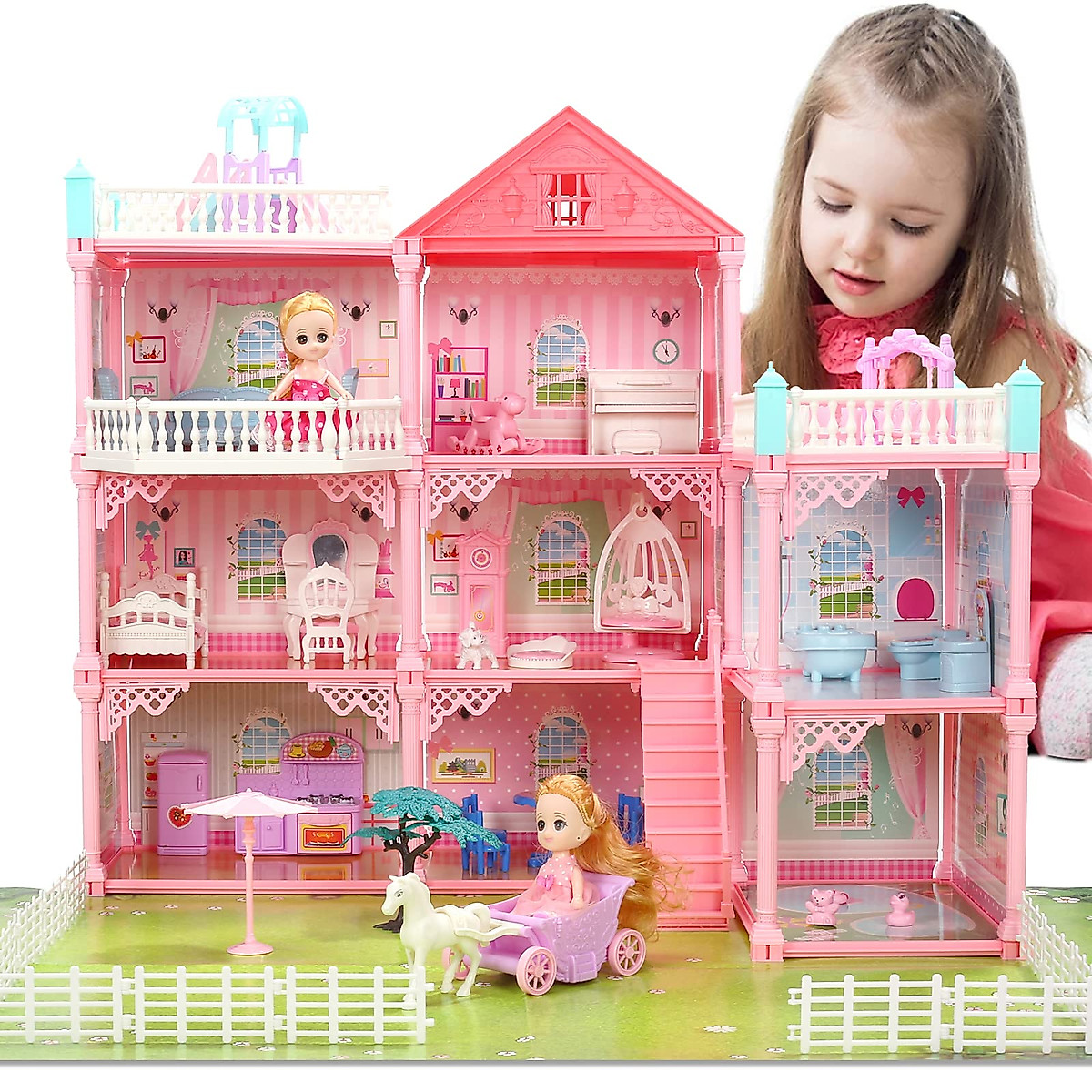 CUTE STONE Dollhouse, Doll House with Flashing Lights, Pretend Play Toddler Dollhouse Sets with 2 Dolls, Furniture, 8 Rooms and Doll Accessories, Creative Gift for Girls, L32 xH23