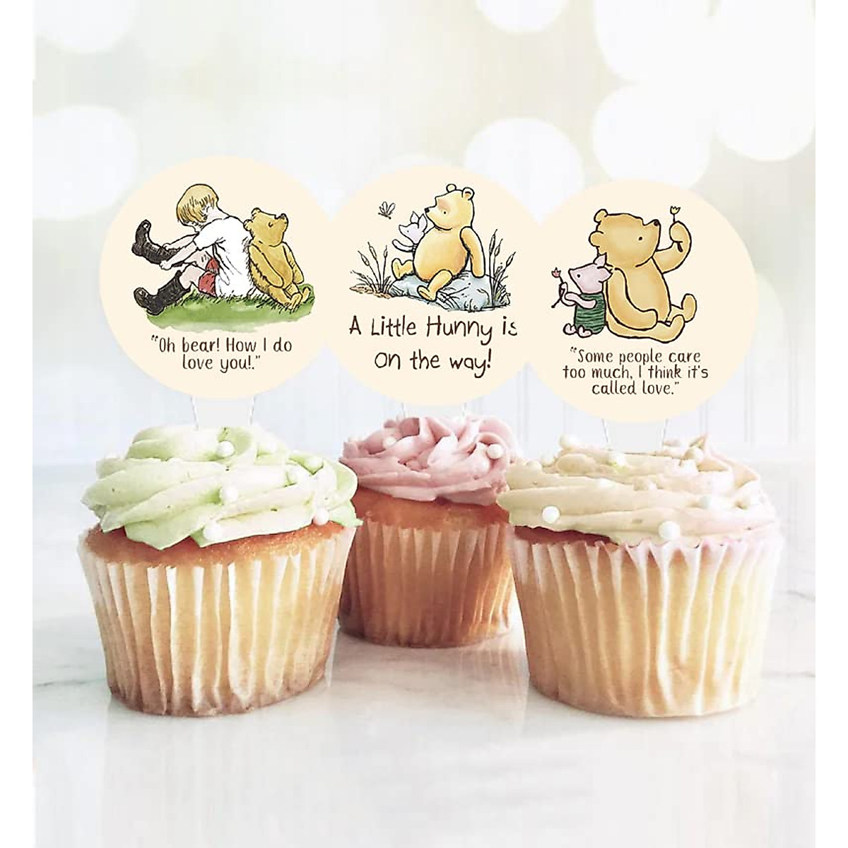 Winnie Quotations Cupcake Toppers 48 Pcs 12 Designs Classic Pooh Baby Shower Decorations Cute 1 St Birthday Party Supplies For Kids Dessert Favor