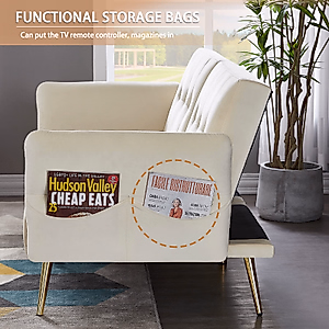 FCNEHLM 77.5” Futon Sofa Bed, Velvet Sofa Bed Futon Convertible Italian Velvet Futon Couch with Foldable Armrests and Adjustable Backrests with Magazine Bags, Sleeper Sofa Bed for Living Room, Beige