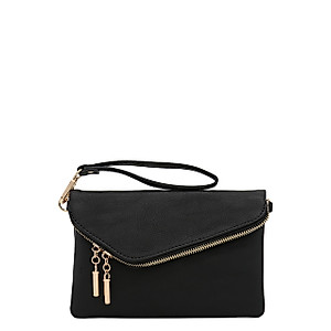 FashionPuzzle Envelope Wristlet Clutch Crossbody Bag with Chain Strap (Black) One Size