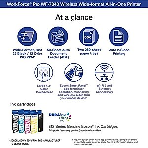 Epson Workforce Pro WF-7840 Wireless Wide-Format All-in-One Color Inkjet Printer, Black - Print Scan Copy Fax - 4.3" LCD, 25 ppm, 4800x2400 dpi, 13"x19", 50-Sheet ADF, Auto 2-Sided Printing, Ethernet
