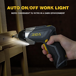 RIDA Cordless Screwdriver 4V Electric Screwdriver Rechargeable Screw Gun Kit w/10+1 Torque & 2 Position Handle, 3 LED work indicator & LED flashlight, 58pcs Accessories and Tool Box New Year presents