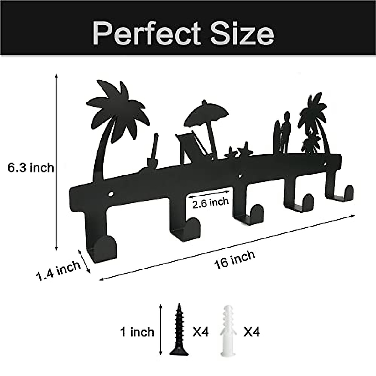 Towel Racks for Bathroom 16 Inch Towel Coat Key Hooks Holder Bedroom Hanger Living Room Wall-Mounted Metal — 5 Hooks Rust-Proof and Waterproof-Black (Black),Y-4
