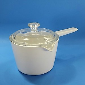 Vintage Corning Ware White 1 Quart Saucepan Pot w/ Double Pour Spouts & Clear Lid USA