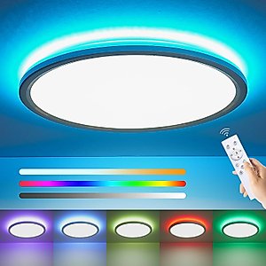RGB Ceiling Light with Remote Control, 12 Inch Dimmable LED Flush Mount Ceiling Light, 24W RGB Color Changing Ambient Light, Modern Round Ultra-Thin Ceiling Lamp for Bedroom Kid Room Party, White