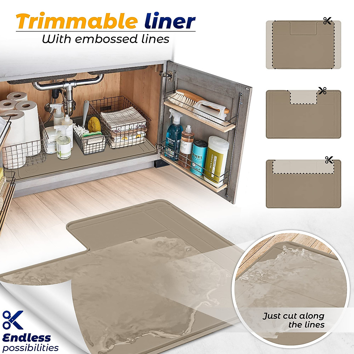 The Original Under Sink Mat - Silicone Waterproof mat, Adjustable, Easy to Clean, Kitchen cabinet liner, Disifenction Surface - 34" x 22" or smaller
