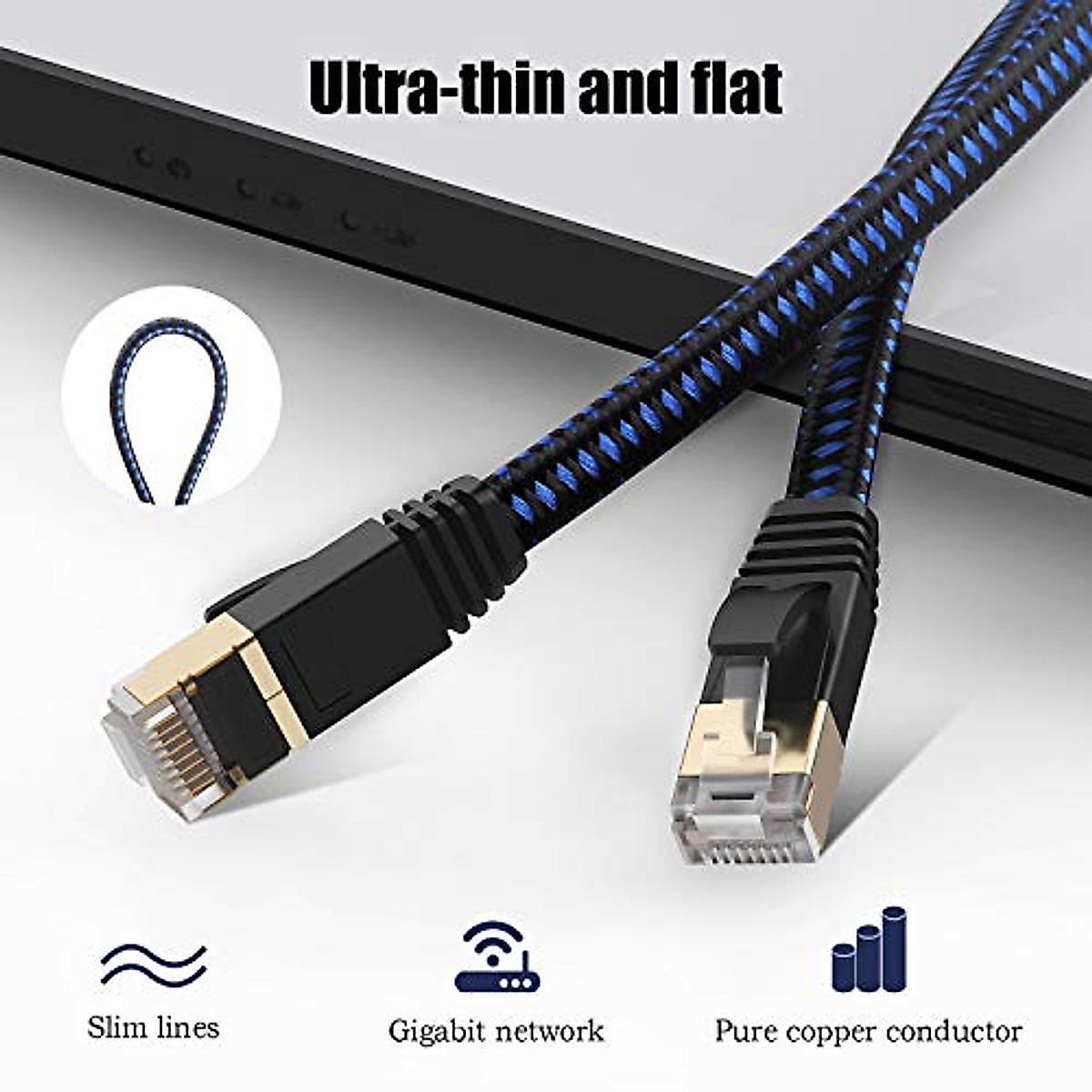 Cat 7 Ethernet Cable 75ft, Nylon Braided Heavy Duty High Speed Cat7 Cable Shielded Gigabit Flat Cat7 RJ45 LAN Cable Internet Network Patch Cord 10Gbps for Gaming PS4, Xbox One,Laptop,Modem, Router