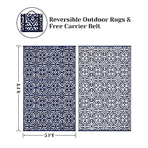 HOMEIDEAS Outdoor Rug, Waterproof Patio Plastic Straw Rugs, RV Reversible Camping Mat, Portable Area Rugs for Outdoors, Camping, Picnic, Beach, Backyard, Deck, Trailer, Navy Blue & White, 5' x 8'