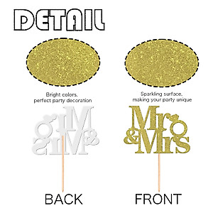 ShuanQ Mr & Mrs Cupcake Topper - Gold Glitter Wedding Cupcake Toppers - Engagement/Bridal Shower/Anniversary Cupcake Picks, 24pcs