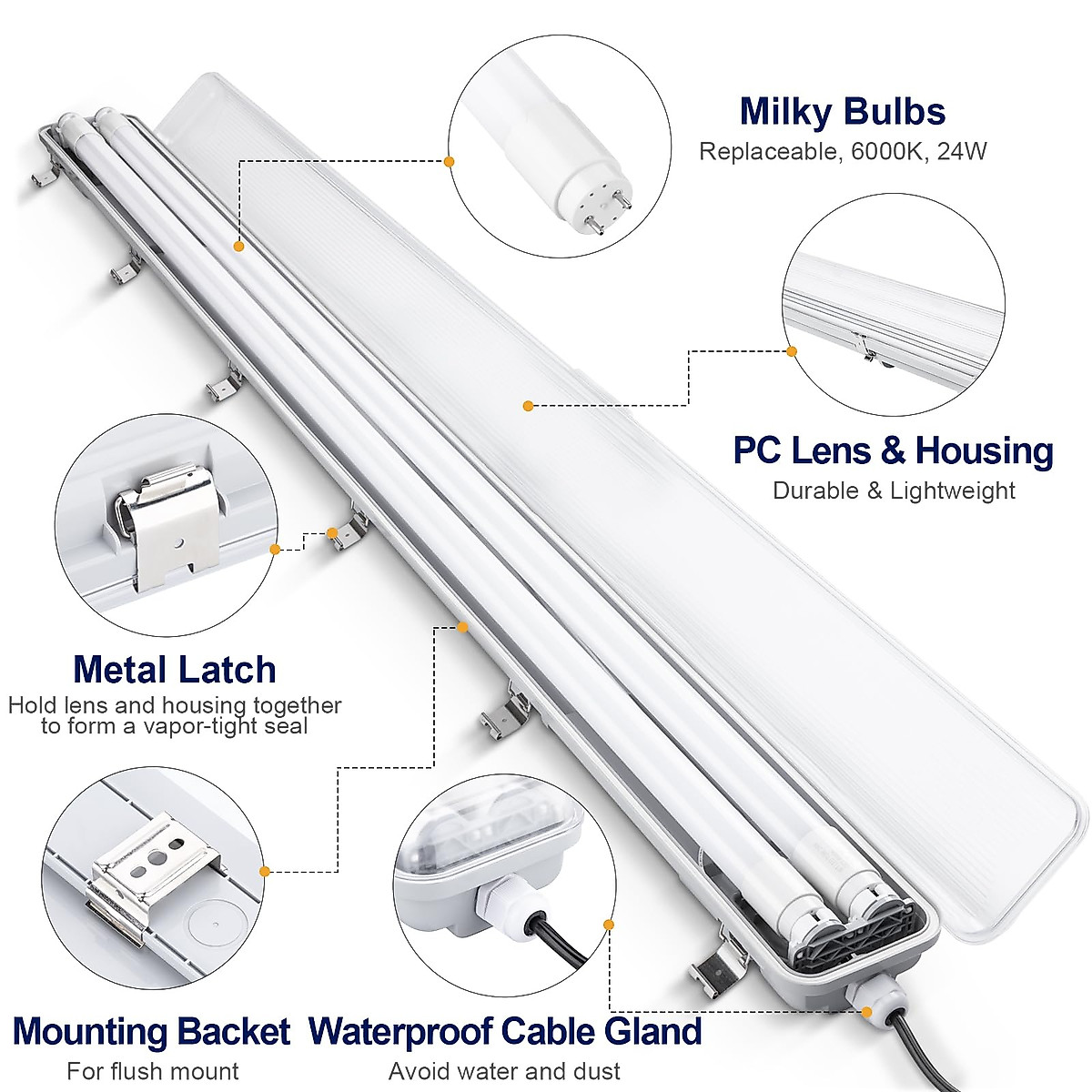 BRILLIHOOD 4Ft LED Vapor Tight Light Fixtures, 48W, 4200LM, 6000K Bright White, Clear Cover, IP65 Waterproof Vapor Proof Lights for Car Wash, Garage, Walk in Freezer, Indoor Outdoor Lighting, 8-Pack