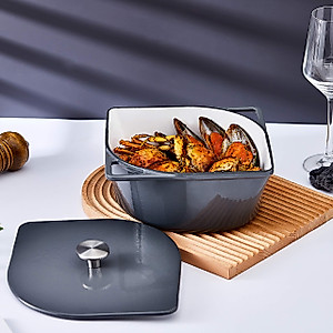 Bruntmor 3 Quart Cast Iron Enameled Dutch Oven Modern Squoval Shaped Design. Nonstick Seasoned Pot With Stainless Steel Knob for Dinner, Grey, Enamel Cast Iron.