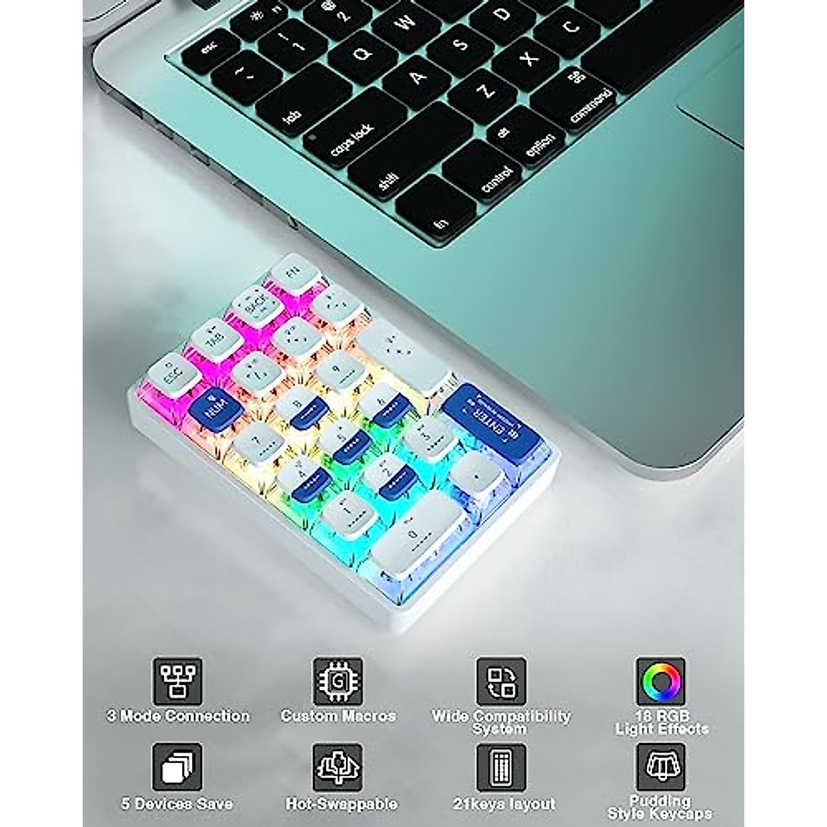 SOLAKAKA K21 RGB Backlit Tri-Mode Wireless Mechanical Number Pad Supports 3 Bluetooth/2.4GHz/Type C Wired,Hot Swappable 21 Keys Mechanical Numpad with Pudding Style PBT Keycaps