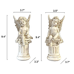 OwMell Set of 2 Cherub Angels on Roman Pillar Garden Statue Greek Column Angel Figurine Sculpture Indoor Outdoor Home Garden Decoration Antique Resin 9.8"
