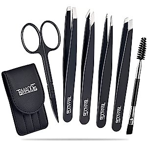 Tweezers Set and Curved Scissors, TsMADDTs Professional Stainless Steel Tweezers for Women and Men, 6 Pack Precision Tweezers For Eyebrows for Ingrown Hair, Daily Beauty Tool with Leather Travel Case
