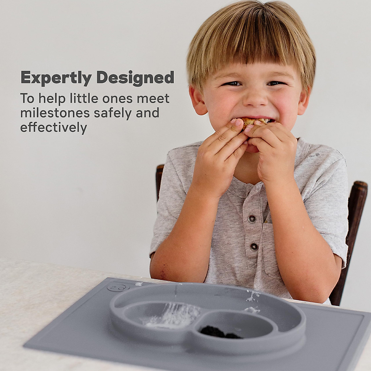 ezpz Happy Mat - 24 Months+ (Gray) - 100% Silicone Suction Plate with Built-in Placemat for Toddlers + Preschoolers - Divided Toddler Plates - Toddler Essentials