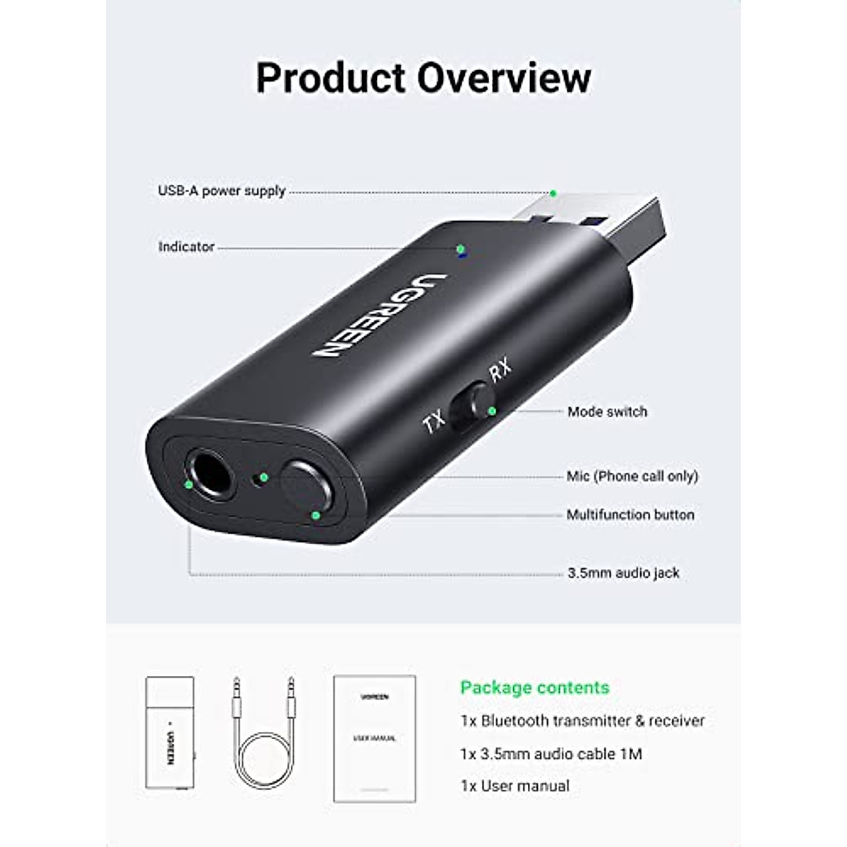 UGREEN Bluetooth 5.1 Transmitter Receiver 2 in 1 Wireless USB Bluetooth Adapter Built-in Microphone 3.5mm Audio Bluetooth Dongle Driver Free for TV, Home Stereo, Car Stereo, Headphones, Speakers, PC