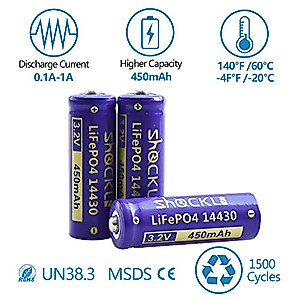 funkawa (2-Pack Shockli 14430 3.2V 450mAh LiFePO4 Rechargeable Solar Battery for Outdoor Solar Garden Light【Shorter Than AA!】