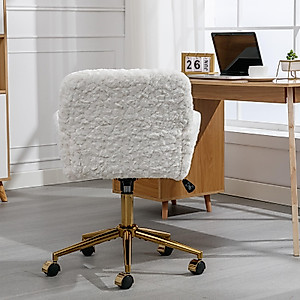 Modern Swivel Home Office Chair,Artificial Rabbit Hair Computer Chair Desk Chair Ergonomic Office Chair Adjustable Office Desk Chair with Golden Base & Wheels Vanity Chair for Home Office (Beige)