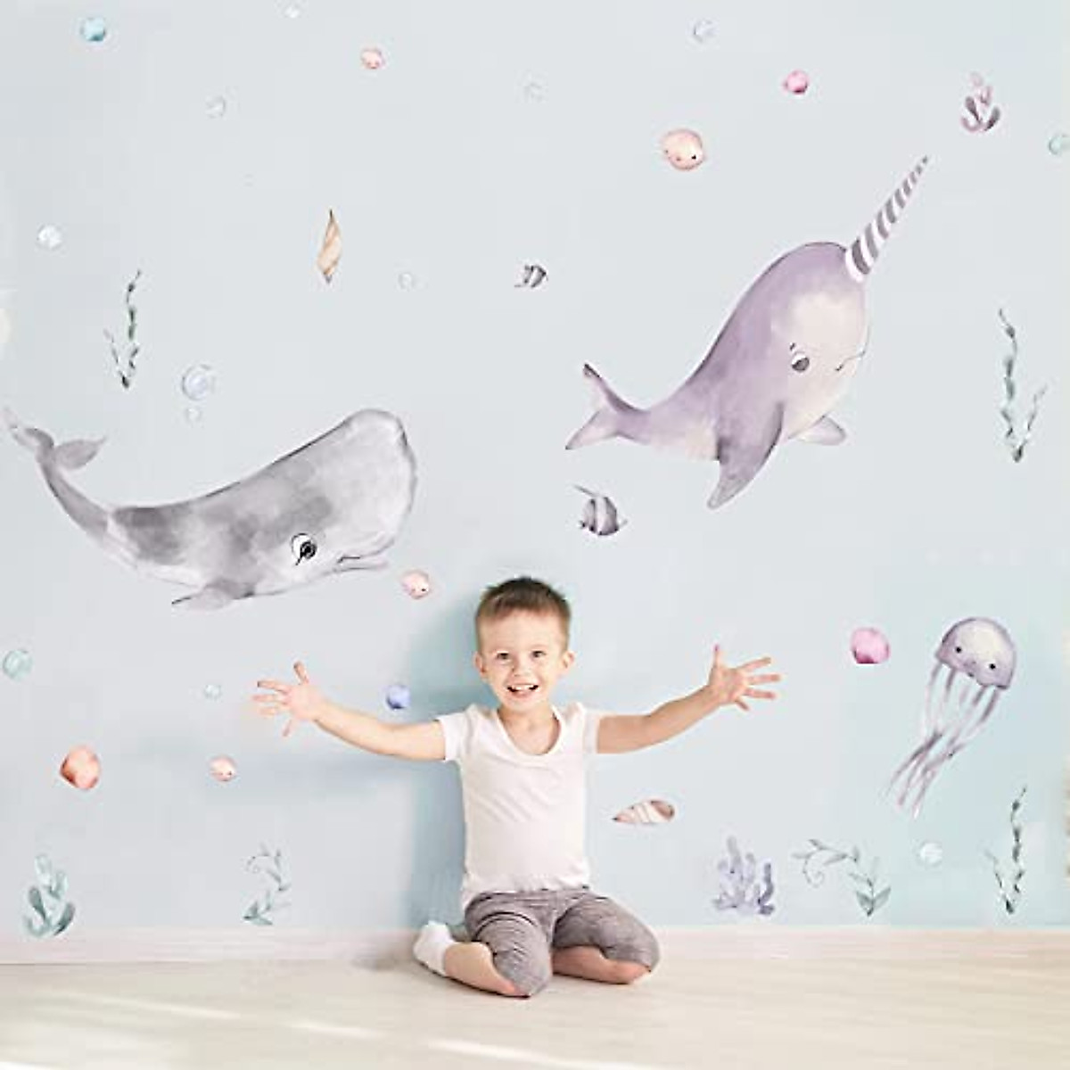 Big Fish Wall Stickers Dreamy Whale Wall Decals for Nursery Wall Decor Fairy Room Wall Stickers Peel and Stick Kids Decals for Girls Bedroom Living Room Wall Decor