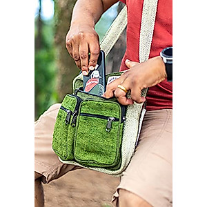 Fwosi Hemp Crossbody Messenger Bag - Unisex School Tote for Men & Women - Lightweight, Bohemian Shoulder Sling Bags - 4 Compartments, Zipper Closure, Adjustable Strap - Handmade in Nepal - Green
