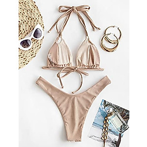 ZAFUL Two Piece Ribbed Colorblock Triangle Bikini Set for Women Adjustable Dual Strap High Cut Bathing Suit Size 4