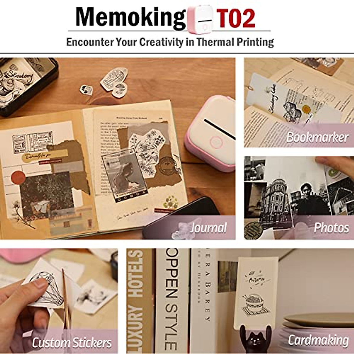 Memoking Mini Printer Sticker Maker T02 Thermal Photo Printer, Bluetooth Wireless Portable Phone Printer, Small Instant Pocket Printer, for Anatomy Picture, Children DIY, Pink