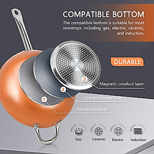 SHINEURI 12 Inch Nonstick Copper Wok and Stir Fry Pan with Lid, Copper Nonstick Wok with Lid, Copper Fry Wok Copper Pan Copper Skillet, Induction Compatible - 12 Inch Wok Pan with Lid & Steamer Basket