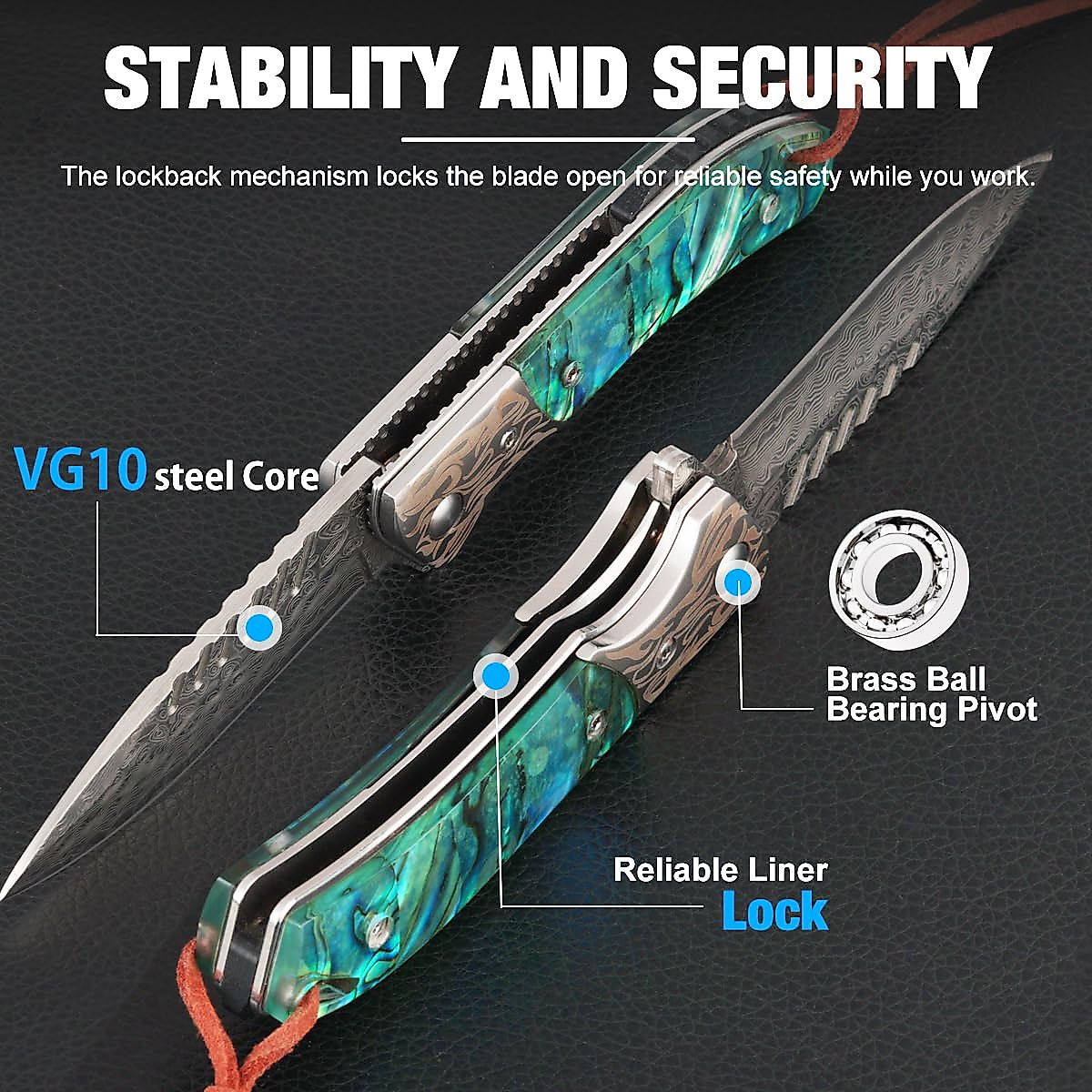 Cottonbell Damascus Pocket Knife for Men Women, Unique Abalone Seashells Handle Folding Knives,EDC Knife Survival Knife with Safety Liner Lock