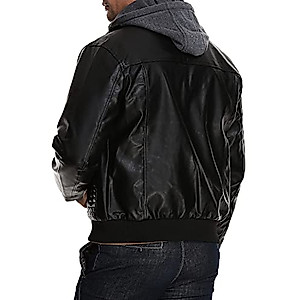HOOD CREW Men Faux Leather Jacket with Detachable Hood Casual Motorcycle Bomber Jackets Outerwear Black XXL