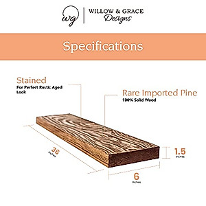 Willow & Grace Wall Mounted Wooden Floating Shelves, Wall Shelves for Bedroom, Bathroom, Living & Laundry Room, Kitchen, Decor - Rustic Farmhouse Small Wood Shelf - Light Walnut (36 Inch Set of 2)