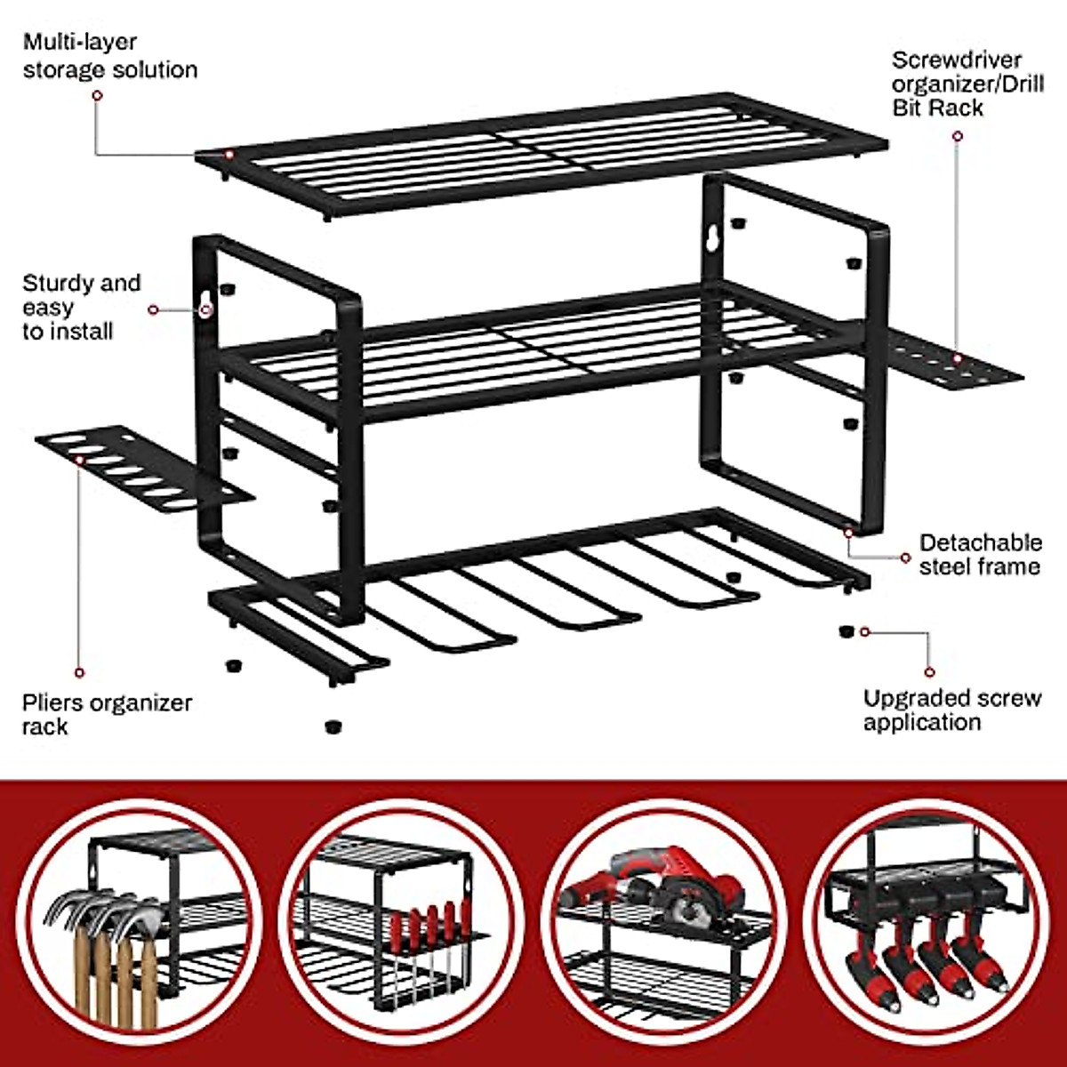 CWLOTAC Power Tool Organizer - 3 Layer Wall Mounted Tool Organizers and Storage, Drill Holder Wall Mount, Utility Storage Rack for Cordless Drill Charging Station Screwdriver