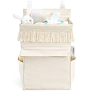 Mkono Diaper Organizer Caddy Macrame Hanging Baby Diaper Storage for Crib Changing Table Essentials Bag Boho Decor Diaper Stacker Holder for Nursery Bedroom, Newborn Gift, Ivory