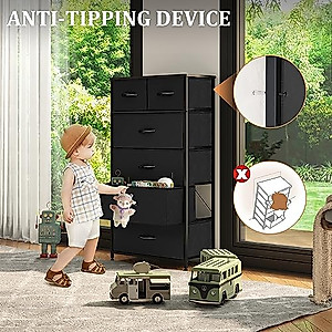 VredHom Fabric Dresser for Bedroom, Tall Skinny Dresser with 6 Drawers, Storage Organizer Tower, Steel Frame Wooden Top for Closet, Living Room, Hallway, Nursery(Black)