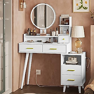 ADORNEVE Makeup Vanity with Lights in 3 Colors, Vanity Table with Charging Station, White Vanity Desk with Mirror and Lights, Makeup Table with 5 Drawers & Nightstand for Women Girls, White