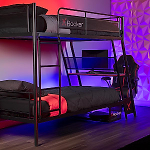X Rocker Armada Gaming Bunk Bed, Durable Metal Frame, Built-in Gaming Desk, Safe Ladder, Grid Mesh Sides, 7000301, 95.6" x 41.5" x 64.2", Twin Over Twin, Black