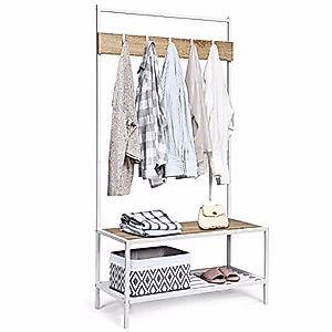 Tangkula Hall Tree with Bench and Shoe Storage, 3-In-1 Industrial Entryway Bench with Coat Rack, Wood Look Coat Rack Shoes Bench Storage Organizer for Home & Office, Coats/Hats/Shoes (Coffee)