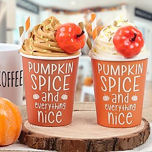 FestalMart Fall Decor-Fall Decorations for Home-2 PCS Mini Pumpkin Spice Latte Cups with Faux Whipped Cream-Autumn Tiered Tray Farmhouse Thanksgiving Fireplace Tabletop Indoor Decor